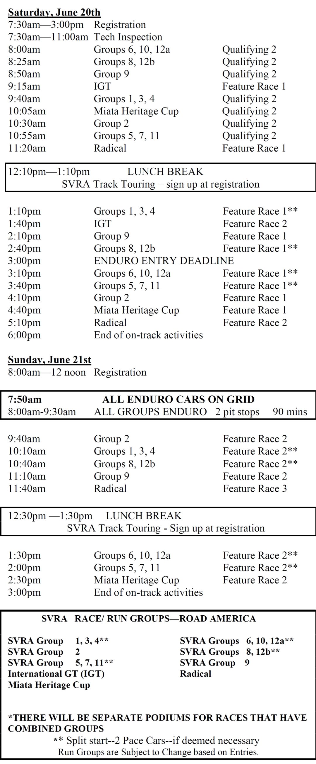 Schedule – 2020 Road America | SpeedTour